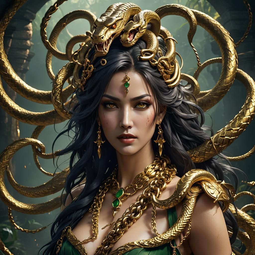 snake tail, an enormous lamia adorned in decorative gold chains, her ...