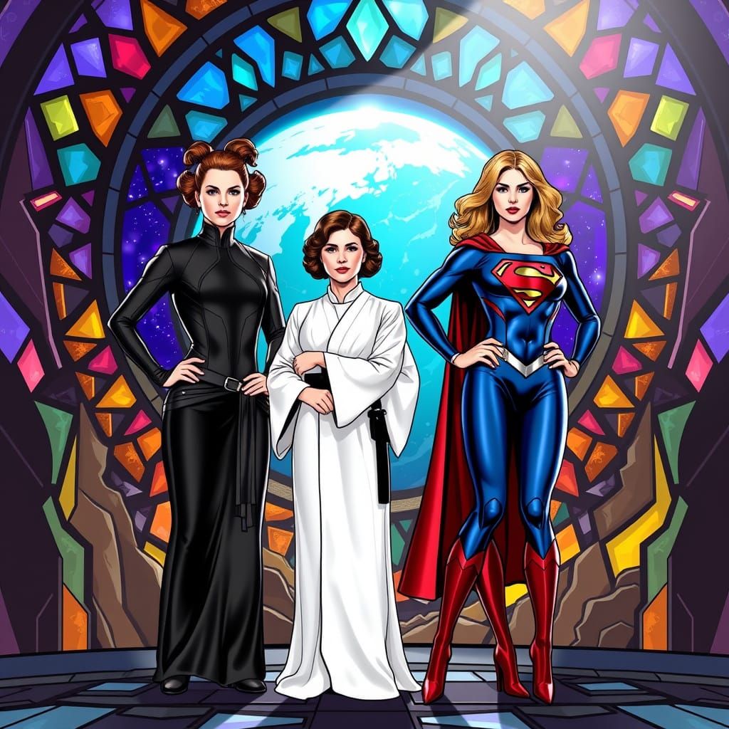 Galactic Heroines Unite in Cosmic Cathedral - AI Art