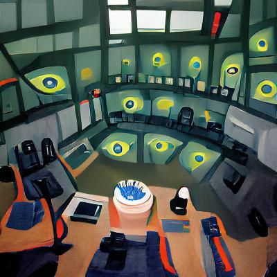 Mind control facility room of a thousand eyes minimalist gouache