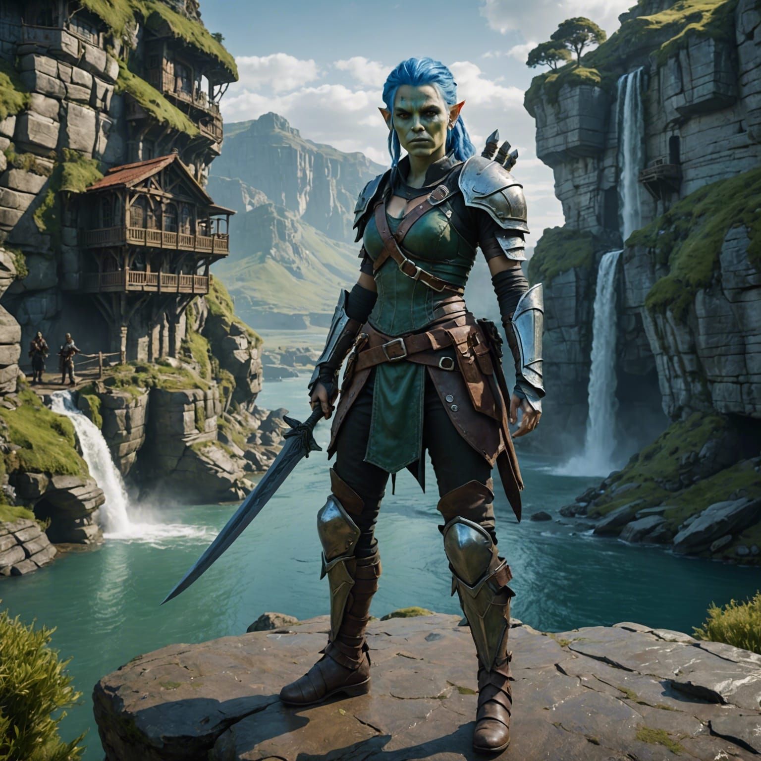 A fullbody portrait of a young Female Orc Warrior with blue hair, green ...