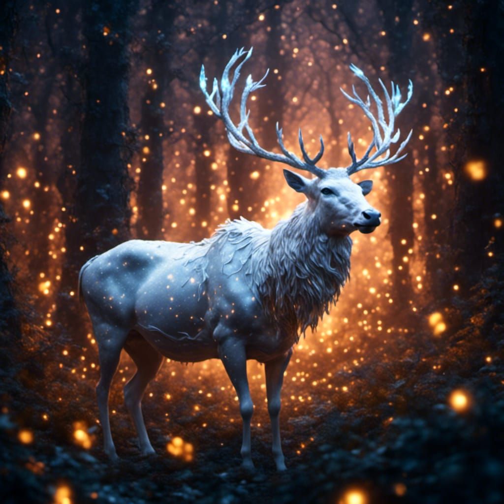 Surreal Fantasy Landscape with a White Stag and Fi... - AI Art