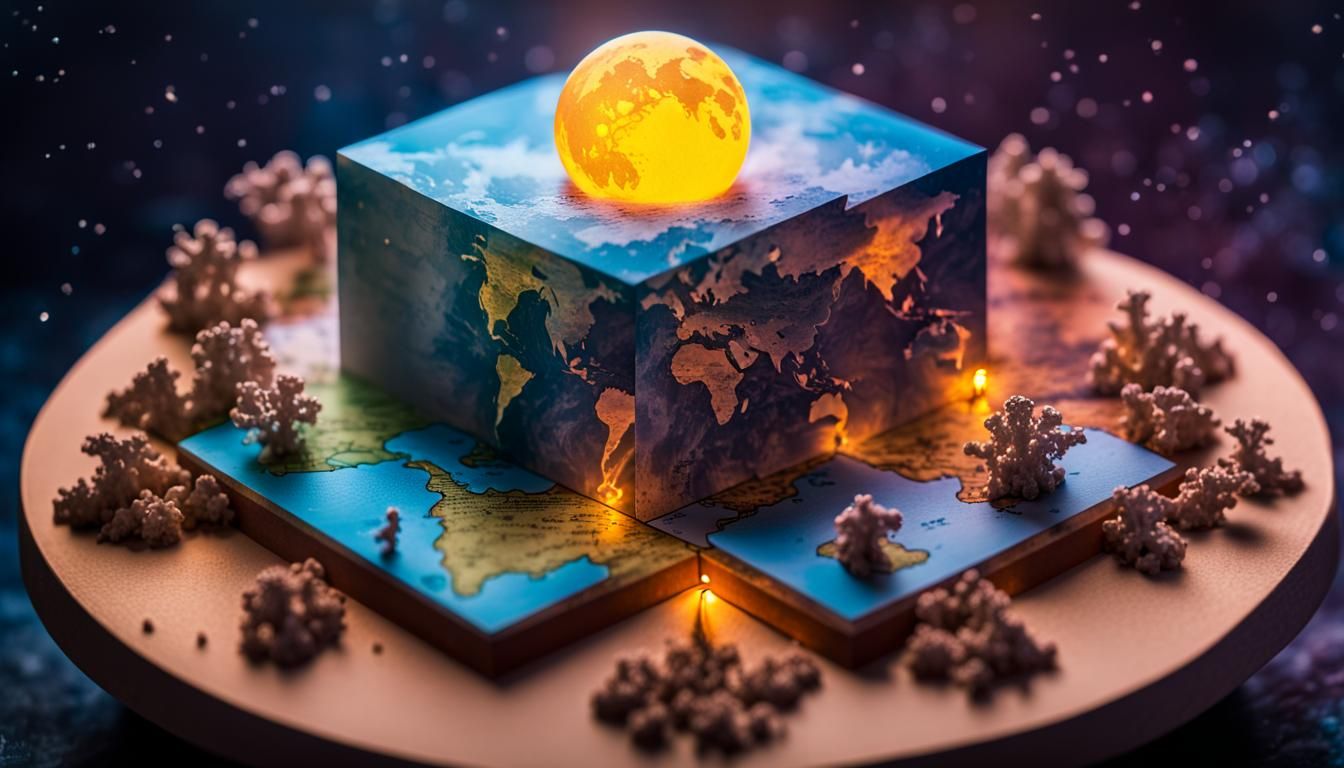 Miniature world map, (piece cut out 1.2); pastel colors only; moon and ...