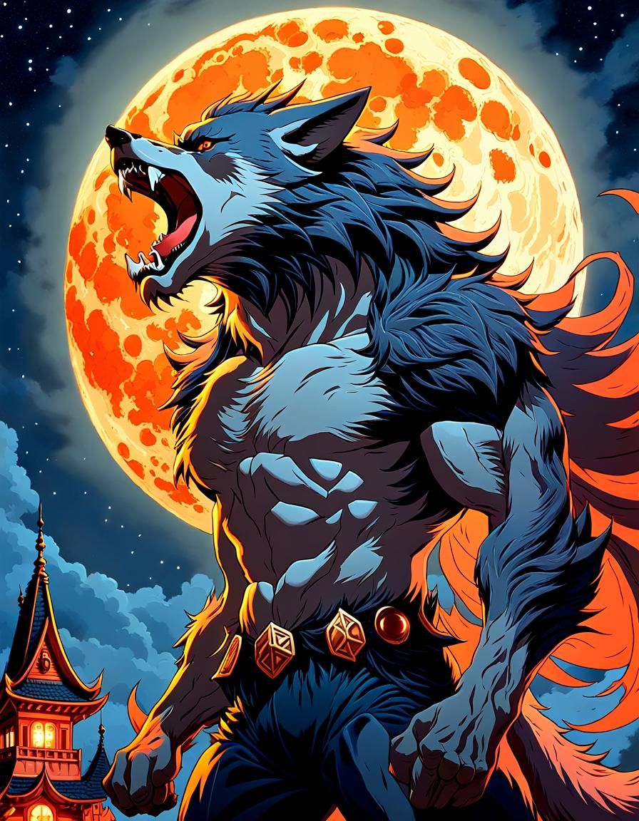 Poster of a long limbed, yet hulking werewolf, howling at the full ...