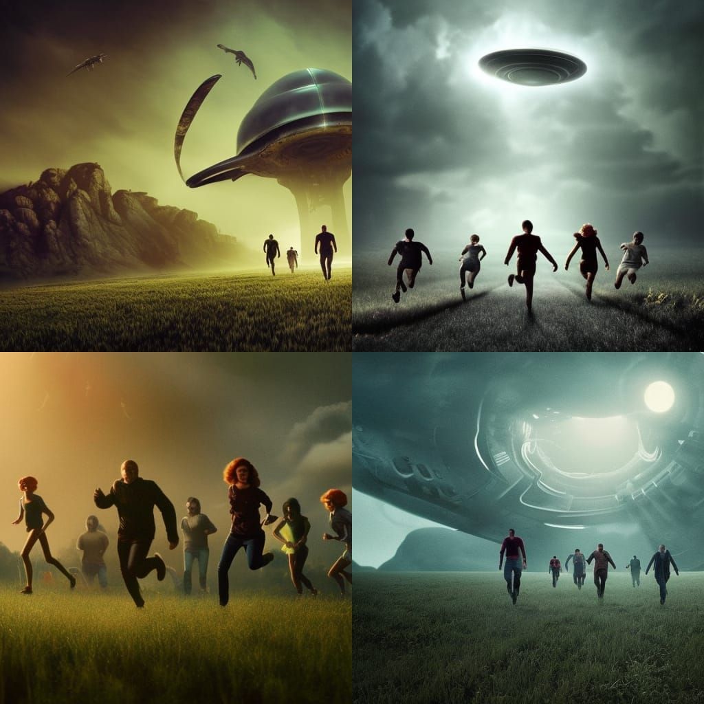 a group of people in a field running away from an alien spaceship ...