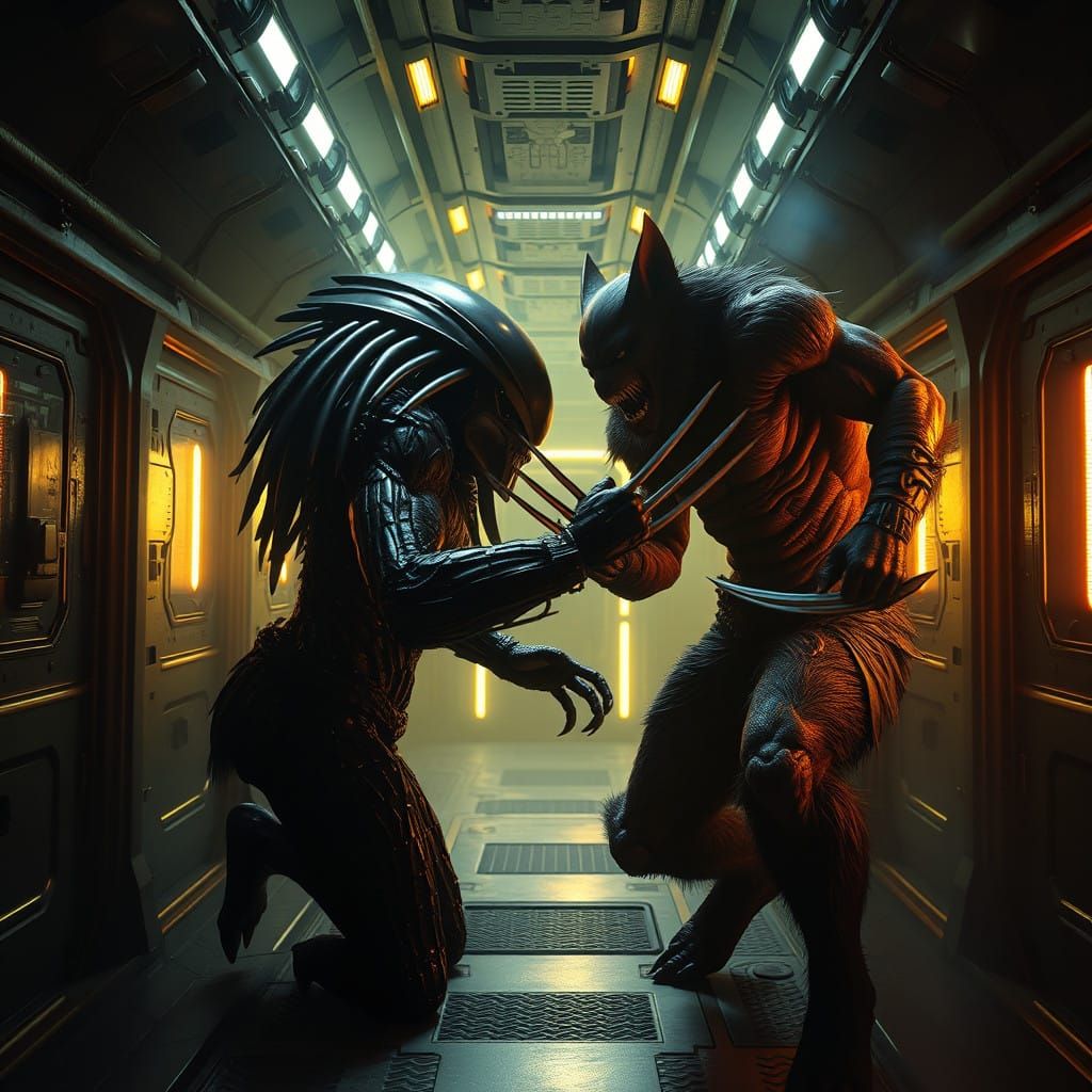 Predator Xenomorph Battles Ferocious Werewolf Wolv... - AI Art