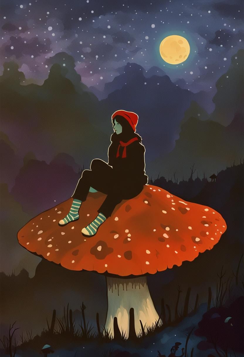 The silhouette of either a tiny woman on a gigantic mushroom or a ...