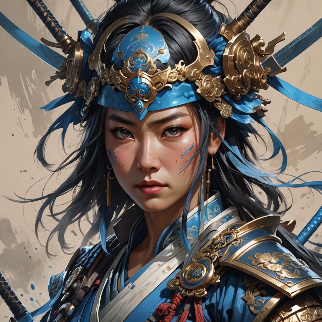 Female samurai with blue swords head and shoulders portrait, 8k ...