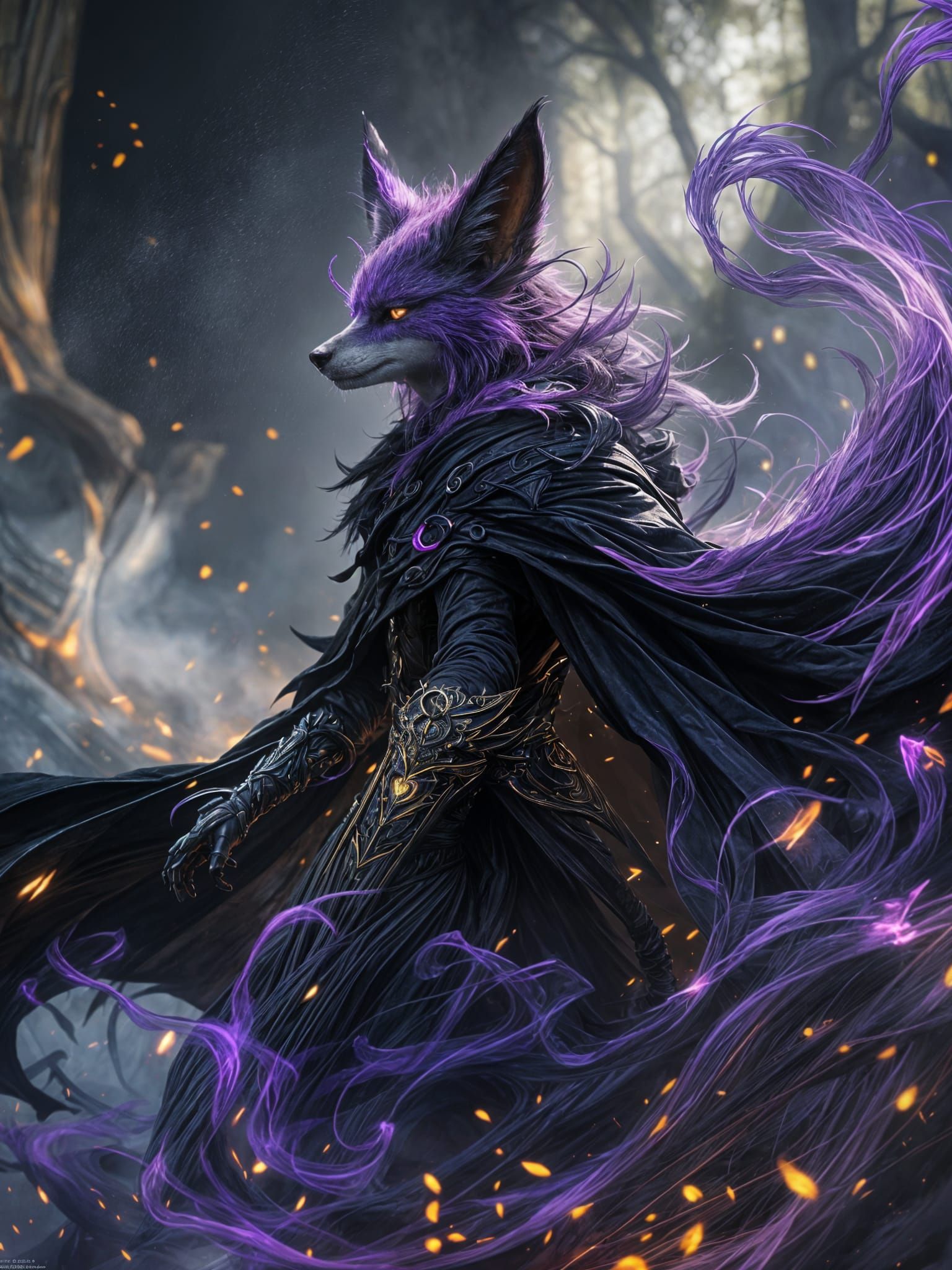 Ethereal Fox Assassin with Black Flames - AI Art