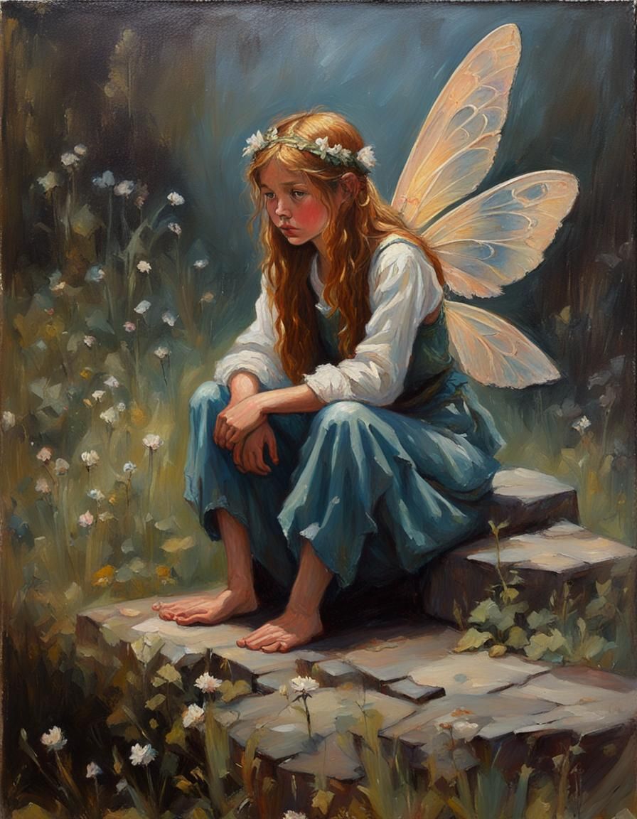 sad fairy pose - Mournful Fairy in Oil Paint Style