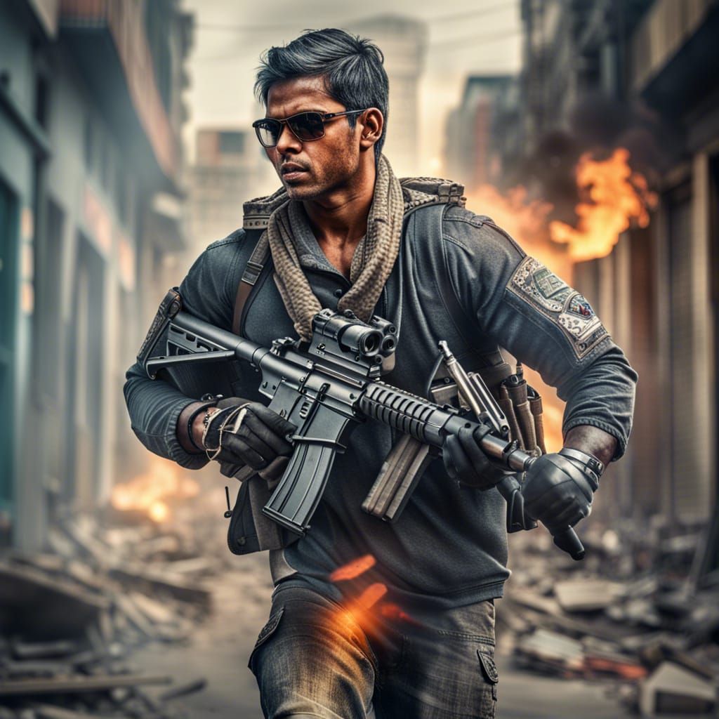 armored male bangladeshi secret agent wearing jacket and jeans carrying ...