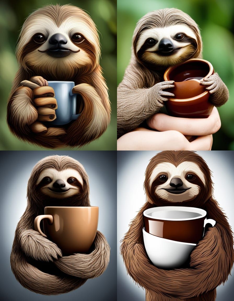 Adorable cute little sloth, with a big cup of coffee in the hand ...