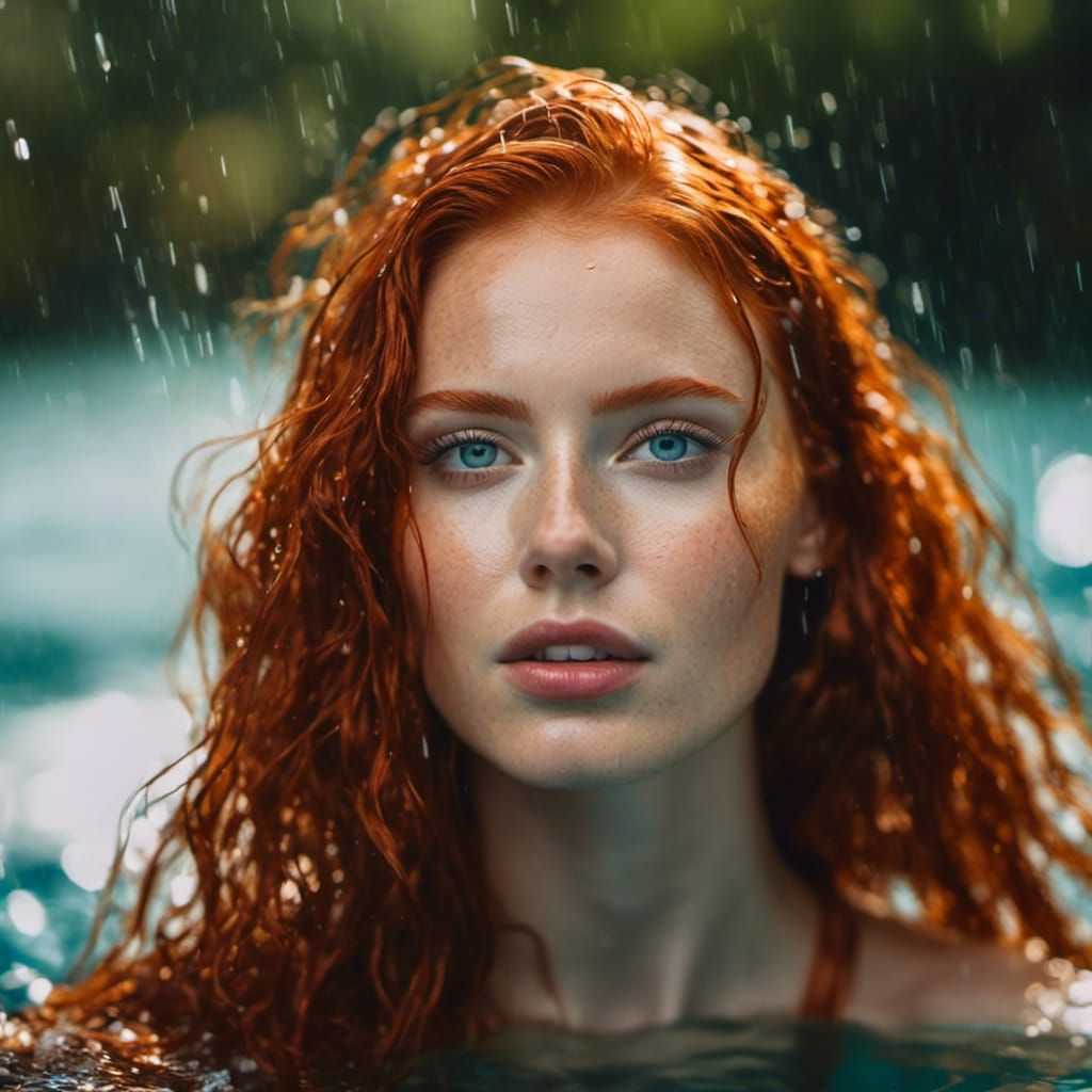 Lifelike Portrait Of Gorgeous Beautiful Attractive Cool Looking Wet Redhead Bikini Girl In Water