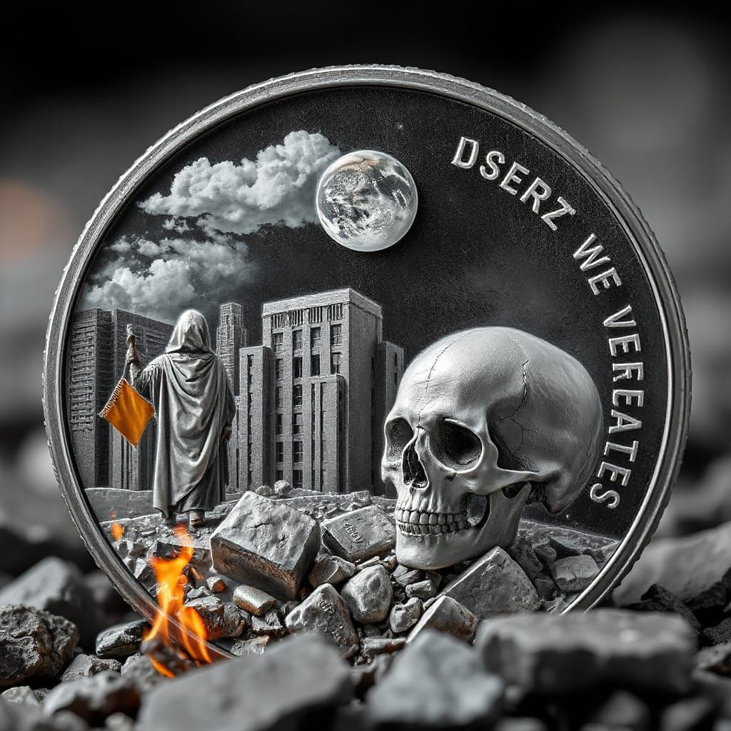 Apocalyptic Figure Plants Flag Amidst Ruins in Mat... - AI Art