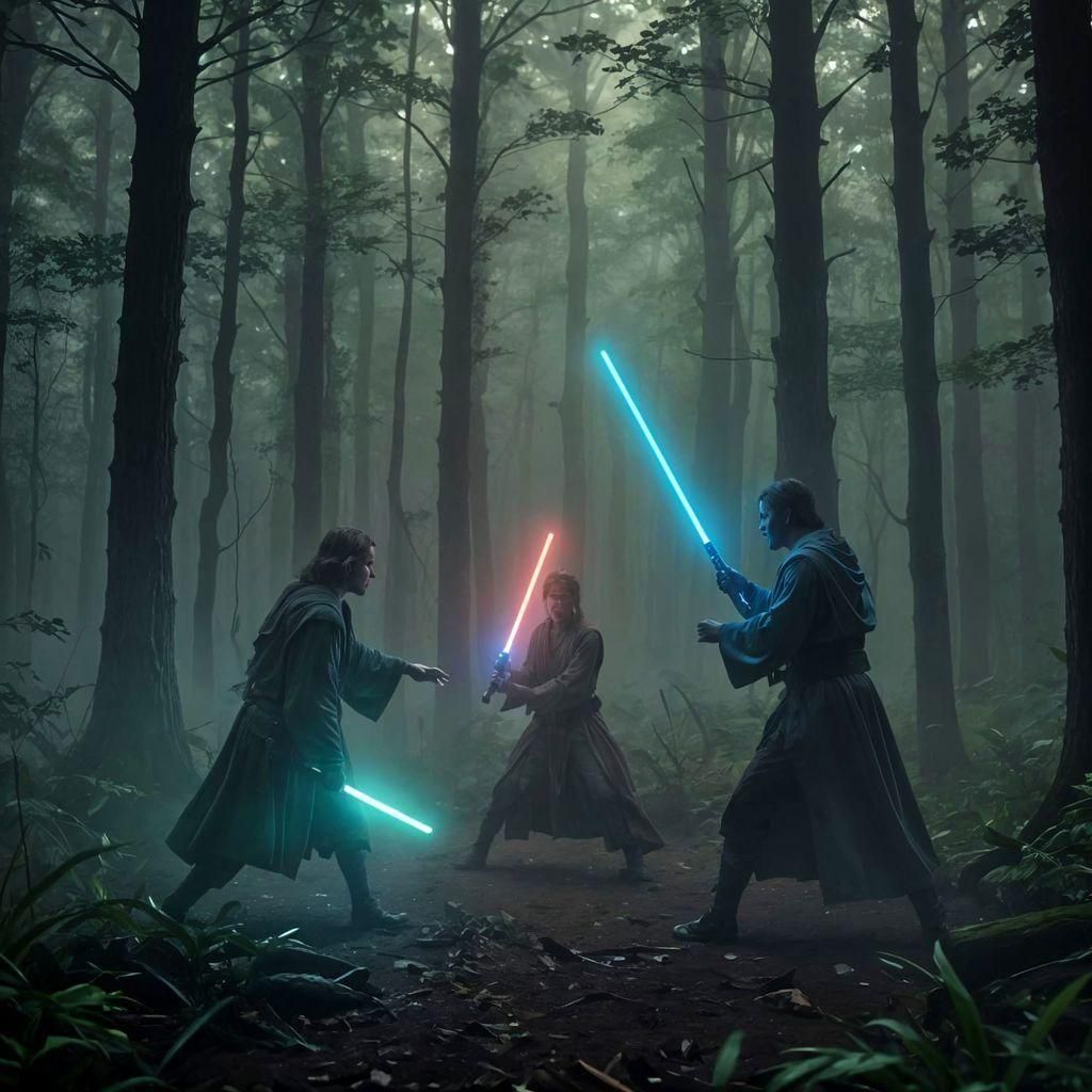 Jedi Master Training Two Padawans in the Woods