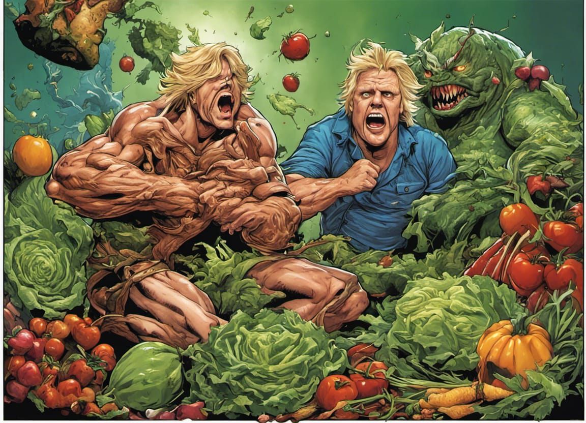 Gary Busey being eaten by a salad monster 😬🥗 - AI Generated Artwork - NightCafe Creator