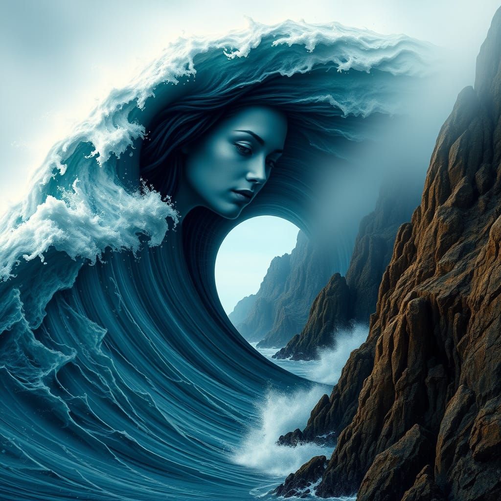 She Wave - Surrealist Ocean Goddess Meets Cliffside