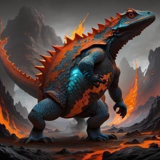 A bipedal large, powerful chameleon with a body covered in rugged, Lava ...