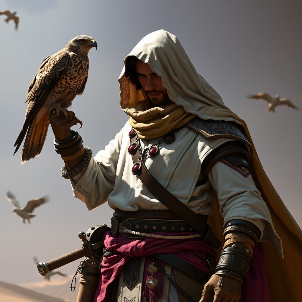 DnD-style. A desert rogue in light leather armor, with a long sword in ...