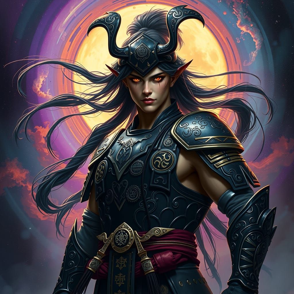 Dark Fantasy Drow Elf Samurai in Art Nouveau Armor - AI Art