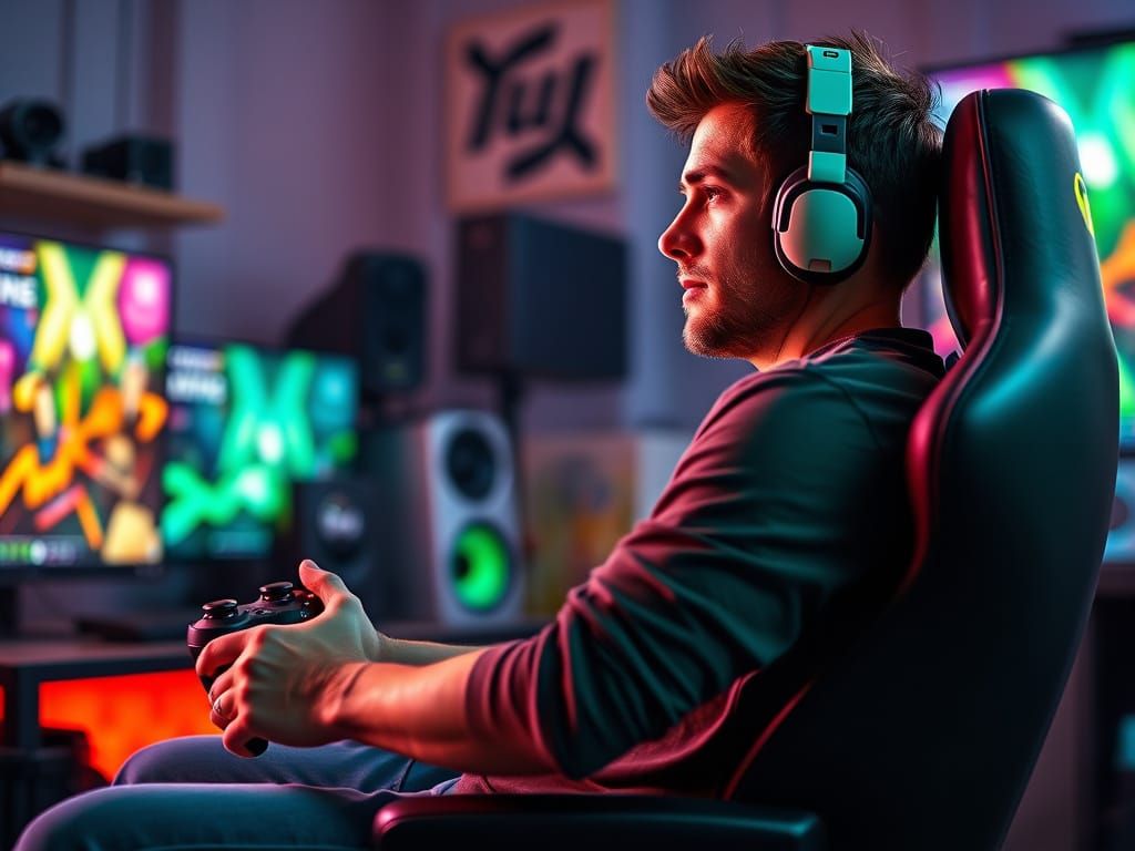 Hyper Realistic Gamer in Fun, Colorful Gaming Scen... - AI Art