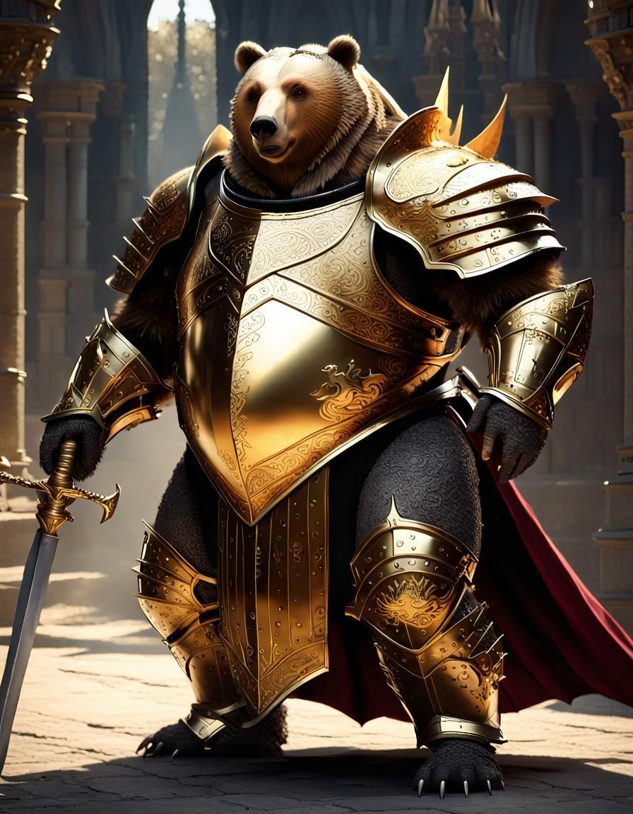 Obese Bear Knight, in intricate hyperdetailed Victorian glimmering gold ...