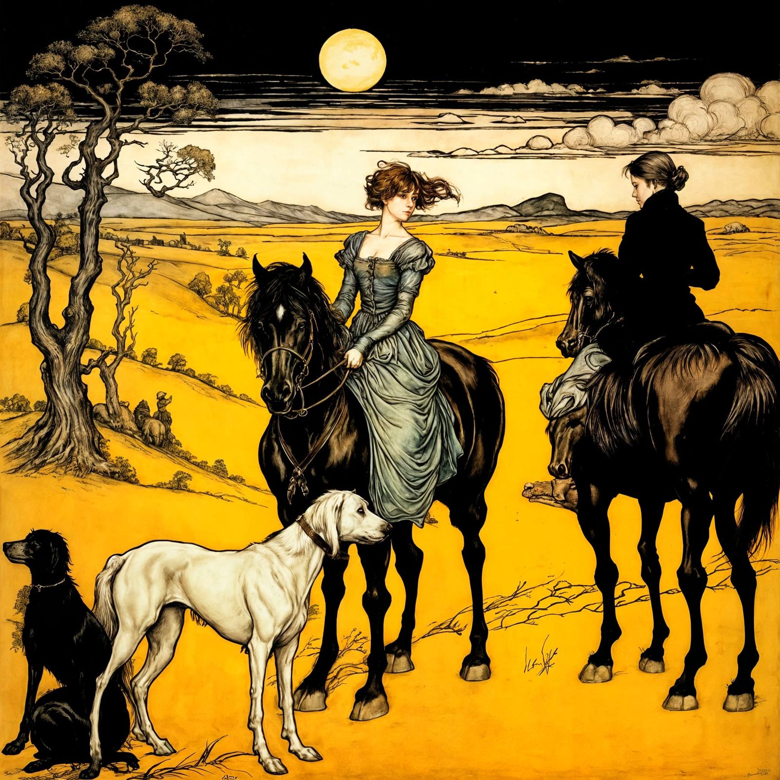 Woman, bird, dog horses, man, landscape By arthur rackham