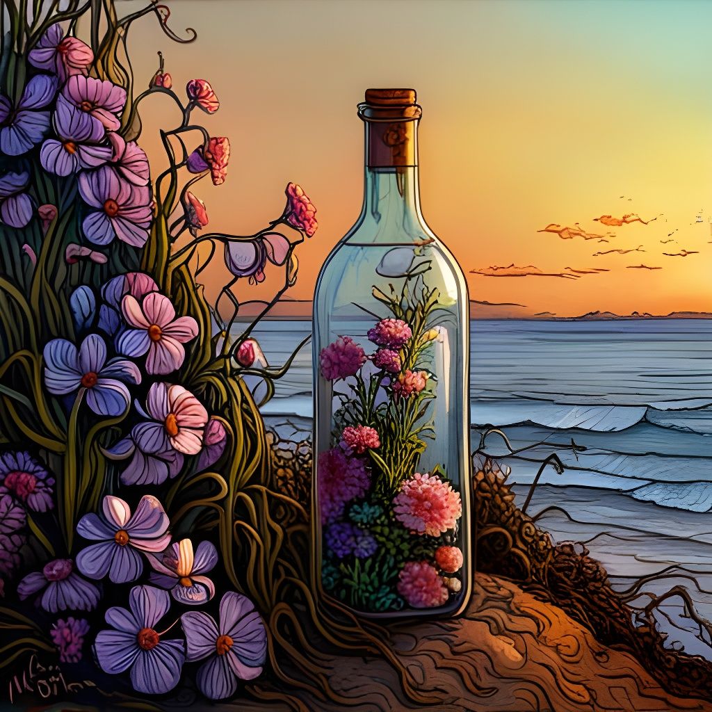 Bottled Flowers by the Sea - AI Generated Artwork - NightCafe Creator
