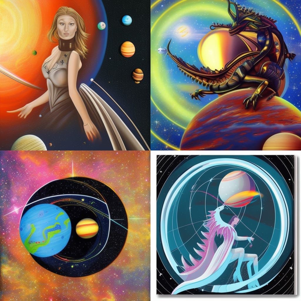 Beautiful woman on Techno Dragon in Solar System photorealism acrylic ...
