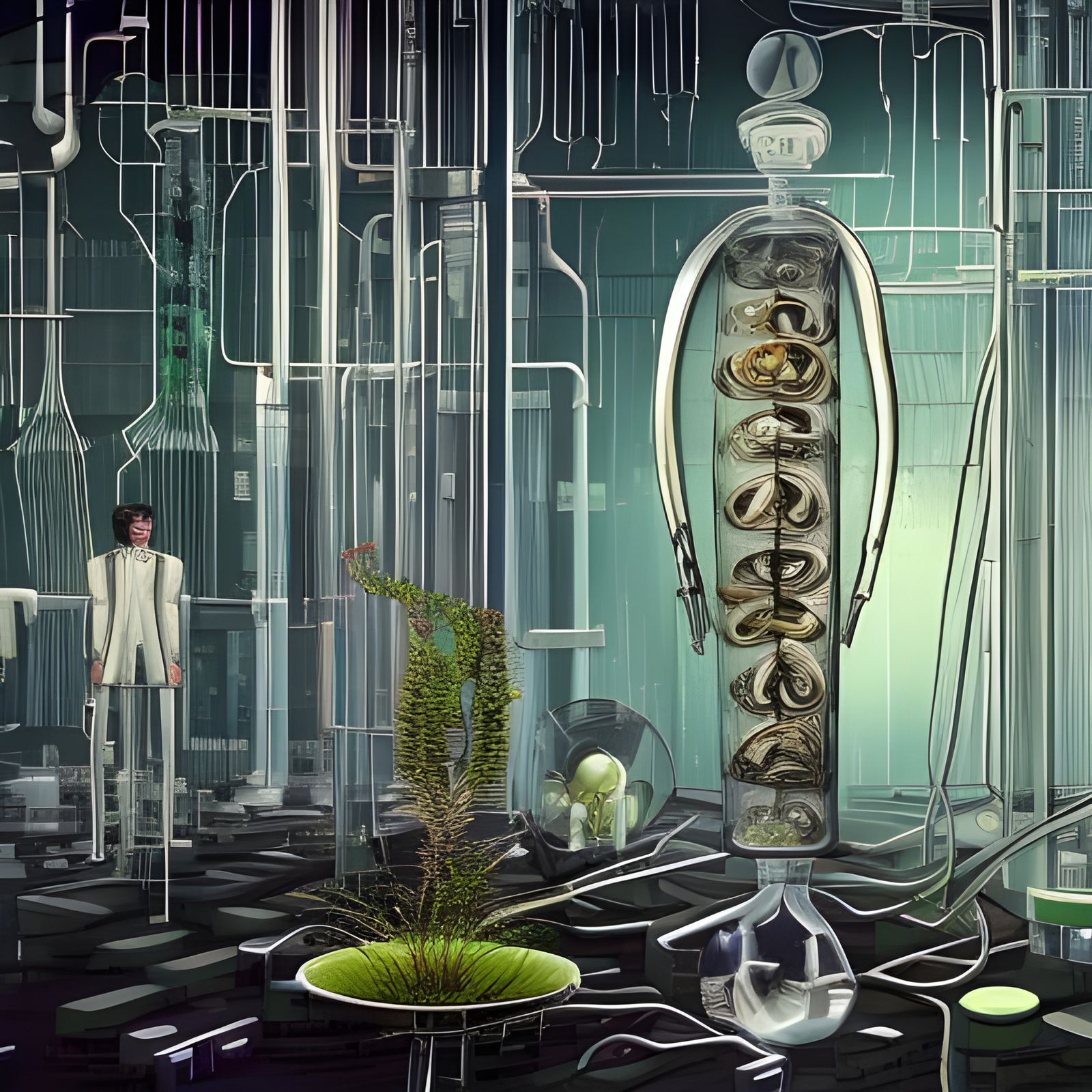 a laboratory, glass tubes containing a variety of mutated creatures ...