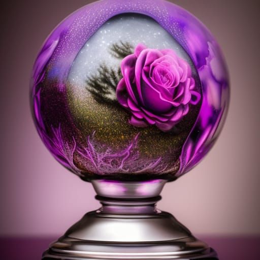 inside a crystal globe, hand carved wooden base, beautiful realistic ...