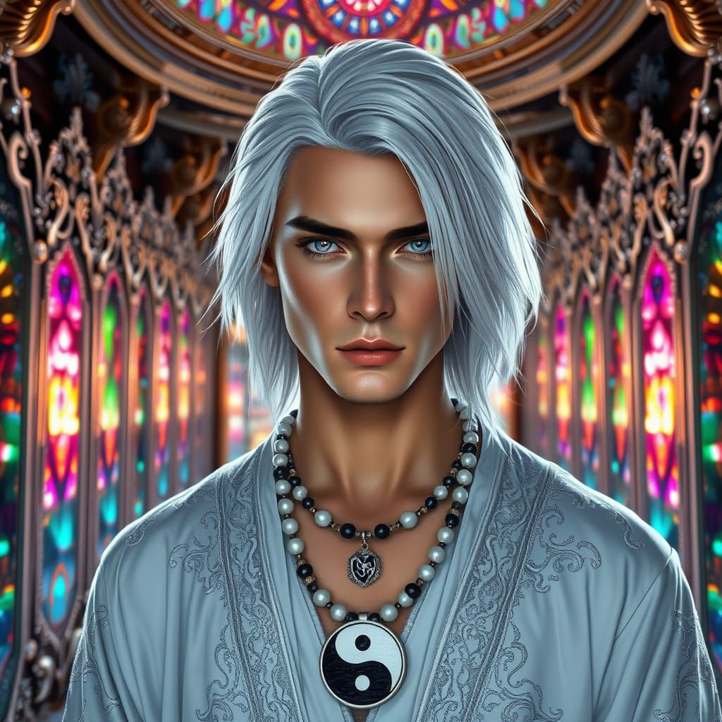 White Crystal Mirror - Elegant Half-Elven Male in a Kaleidos...