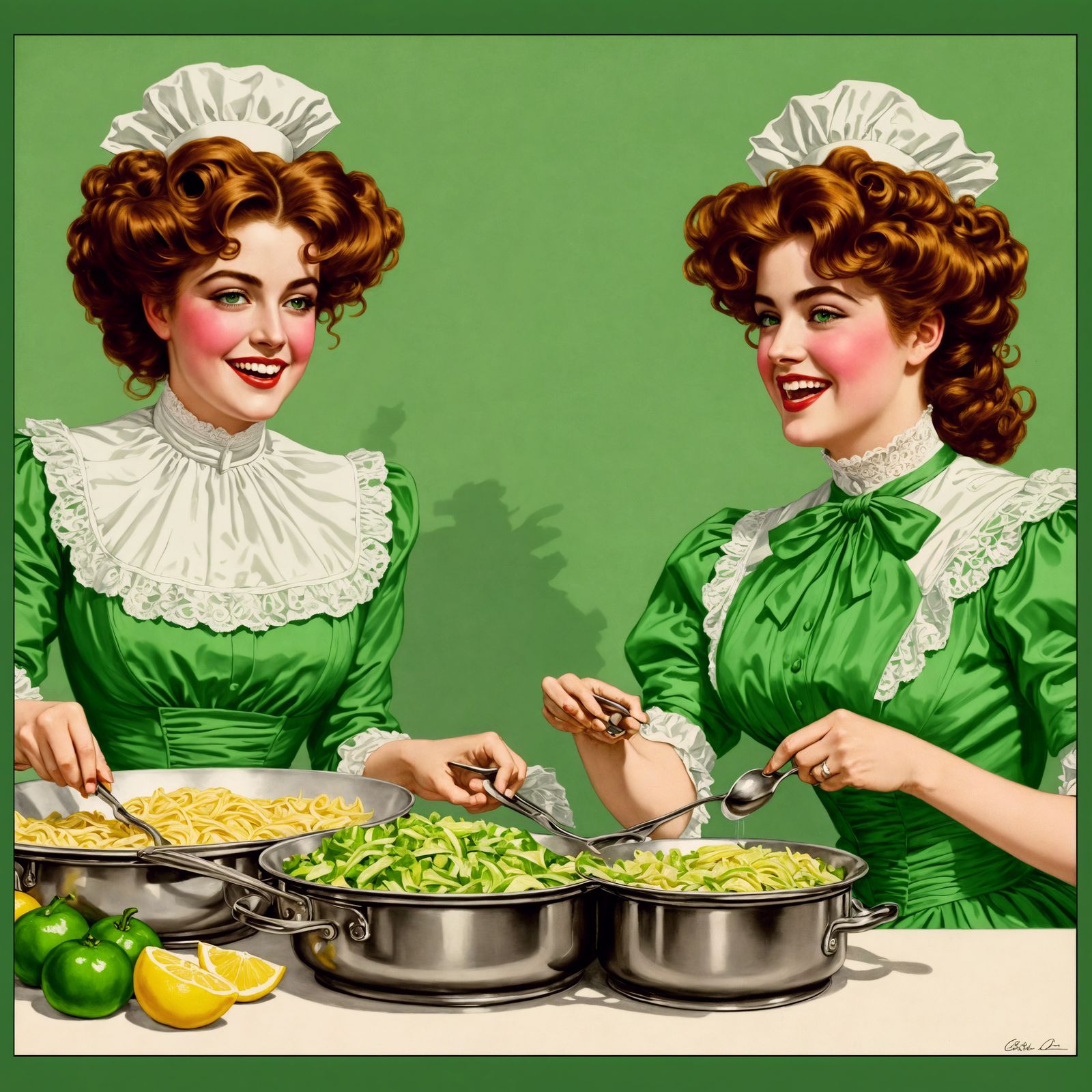 green colorized art by Charles Dana Gibson of Gibson Girls, two Gibson ...