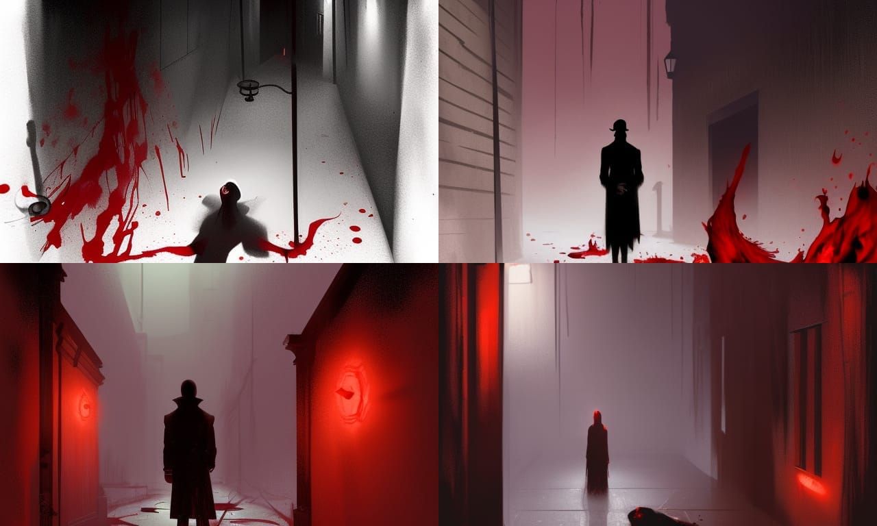 A shadowed man standing in the center of a slender, dimly lit alley. A ...