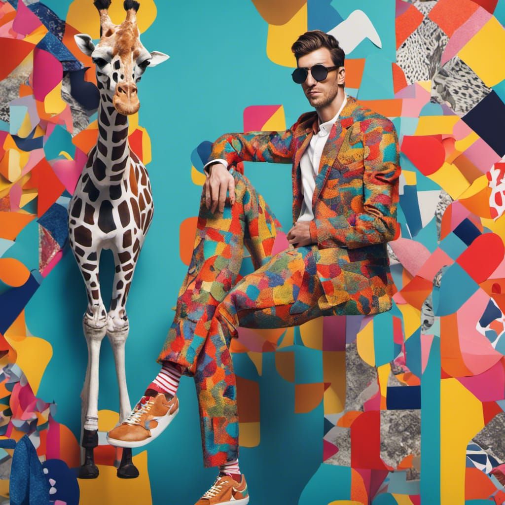 this man is next to a bright colored giraffe, in the style of fashion ...