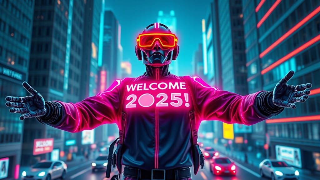 Welcome, 2025! - Futuristic Cyborg Tour Guide in Neon Citys...