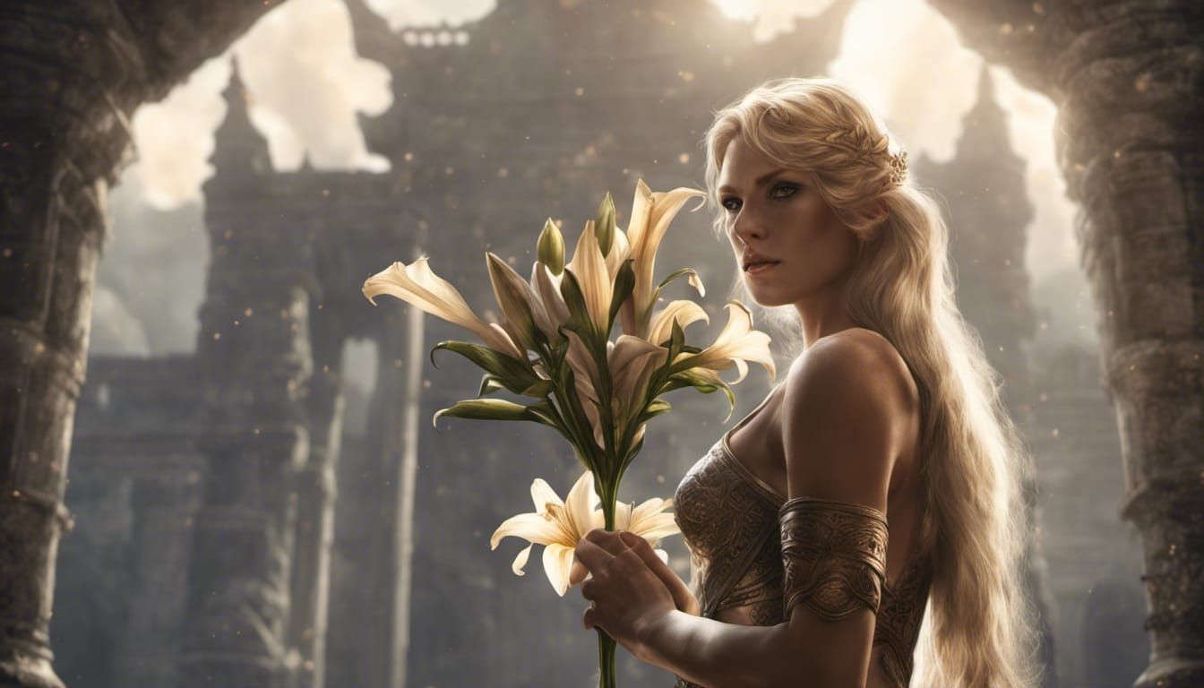 blonde goddess of dibella from skyrim in an human form showing her back holding a belladonna ...