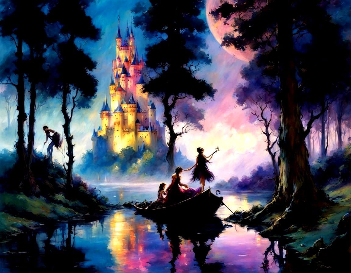 Fantasy fairy castle by arthur rackham and pino daeni, intense color