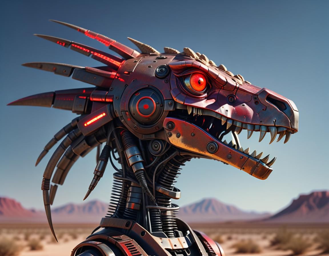 Meca Raptor - Cyberpunk Robot Raptor in Warm Desert Light