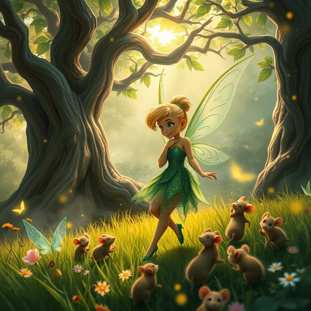 Tinker Bell playing with mice - Whimsical Fairy Meadow Scene...