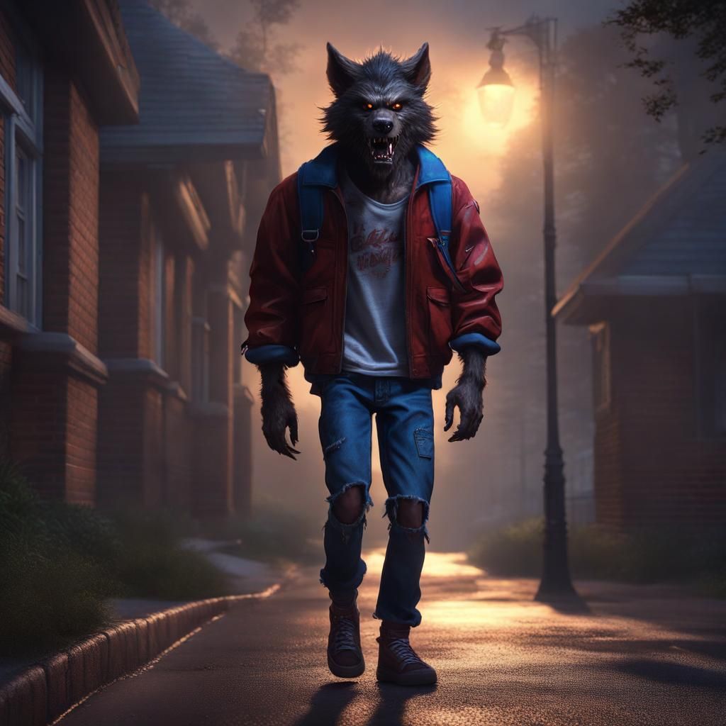 A Werewolf Teen In 80s Clothes Going To High School Epic cinematic ...