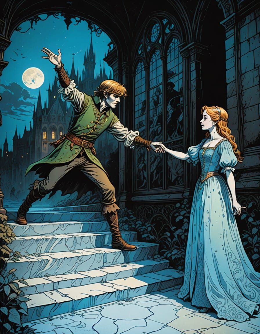 Peter Pan and Wendy in Earth-Toned Renaissance Att... - AI Art