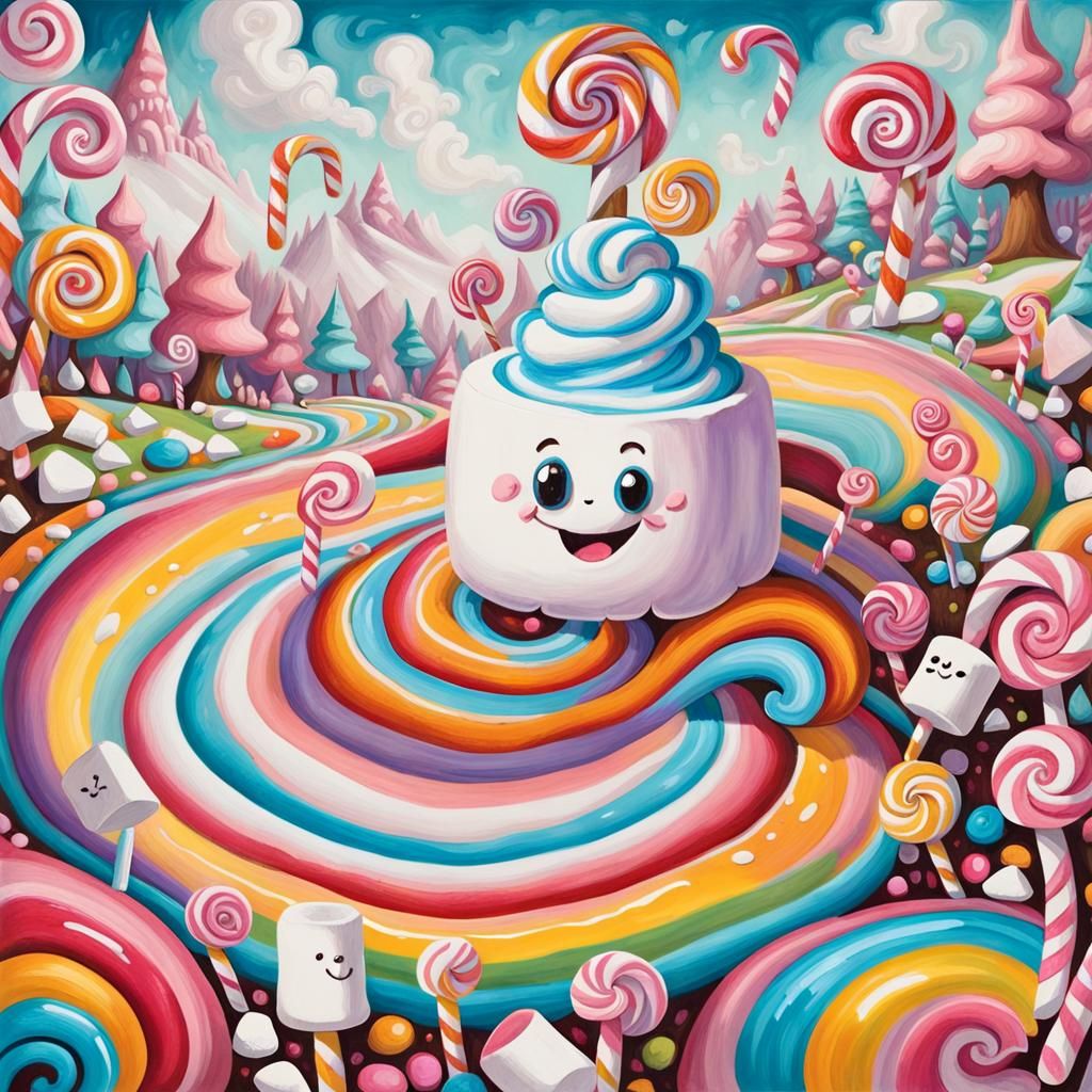 A marshmallow talking a gramcraker vibrant colors Candyland wonderland ...