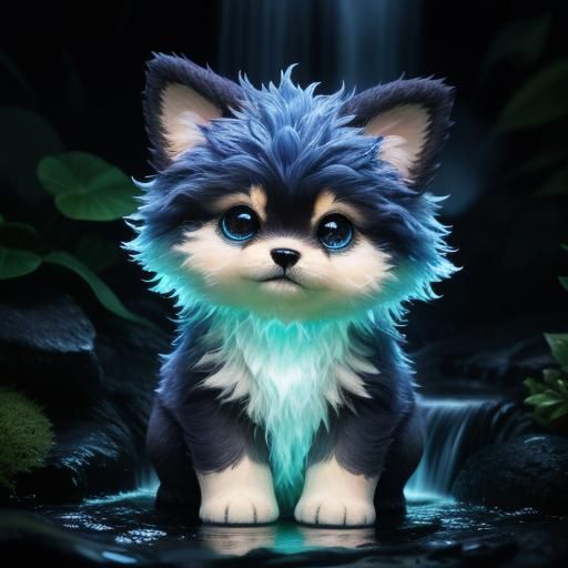 adorable cute chibi baby furry Puppy with a bioluminescent Waterfall in ...