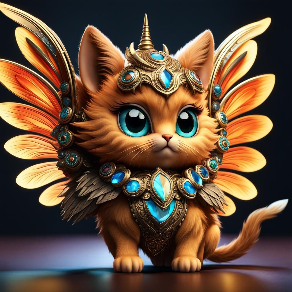 chibi adorable winged cat hybrid, large sparking eyes, intricate ...