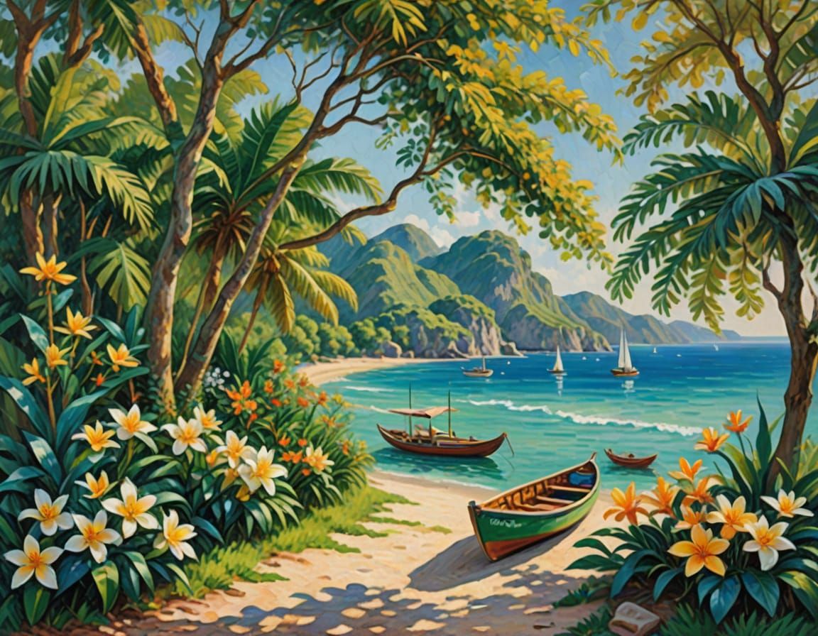 the lagoon - Impressionist Tropical Paradise with Bustling B...