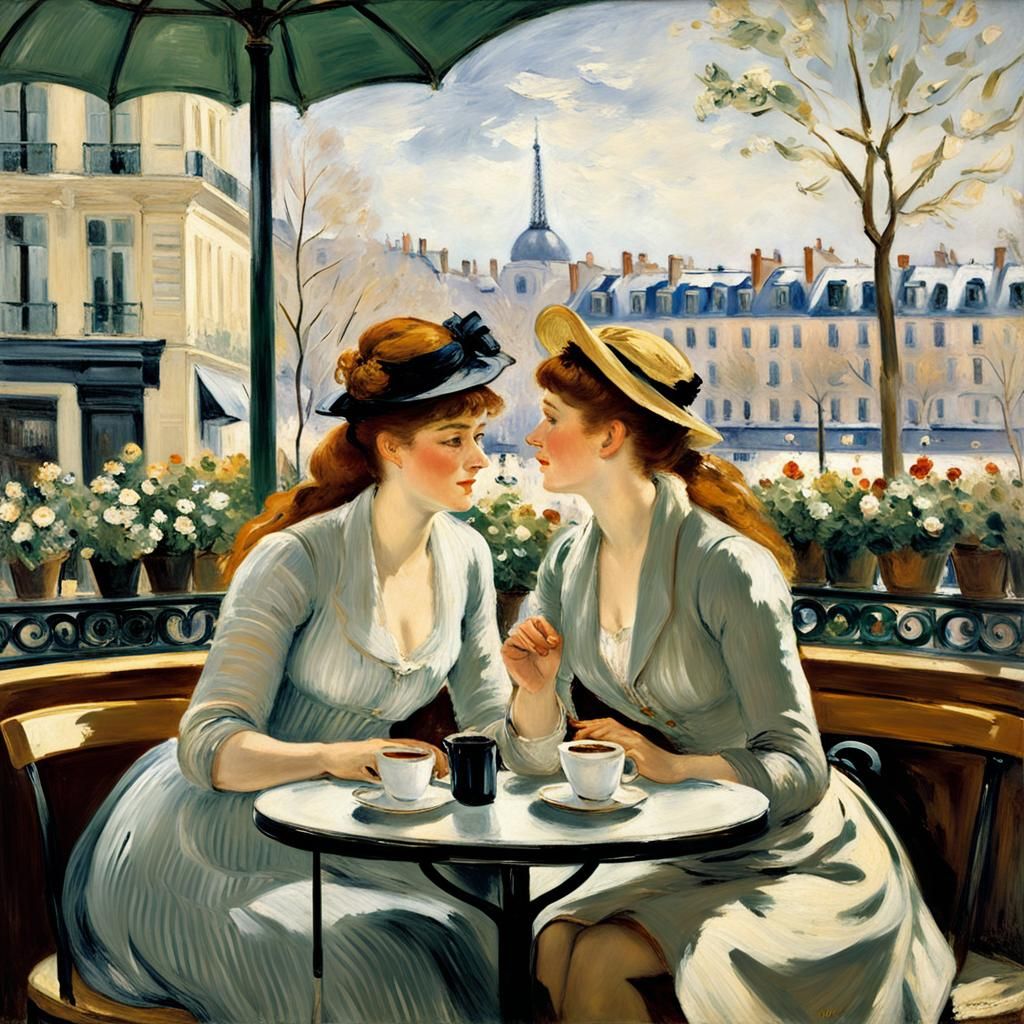 Art by Édouard Manet, spring romance blooms in a Parisian café, a ...