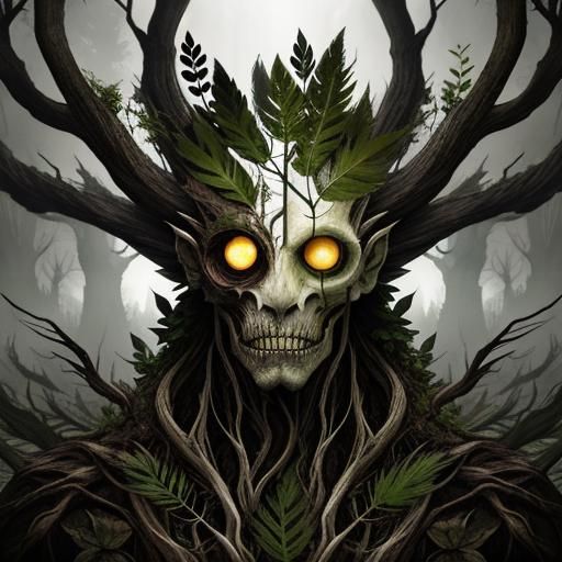 Double exposure photography of a creature made of roots, leaves. An ...