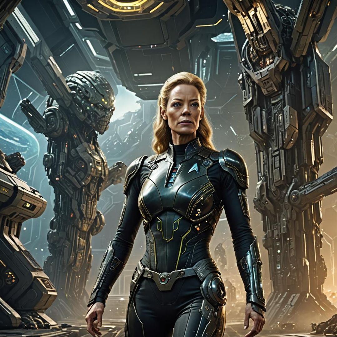Jeri Ryan as 7 of 9 in a scene from Star Trek with the Borg Queen. - AI Generated Artwork ...