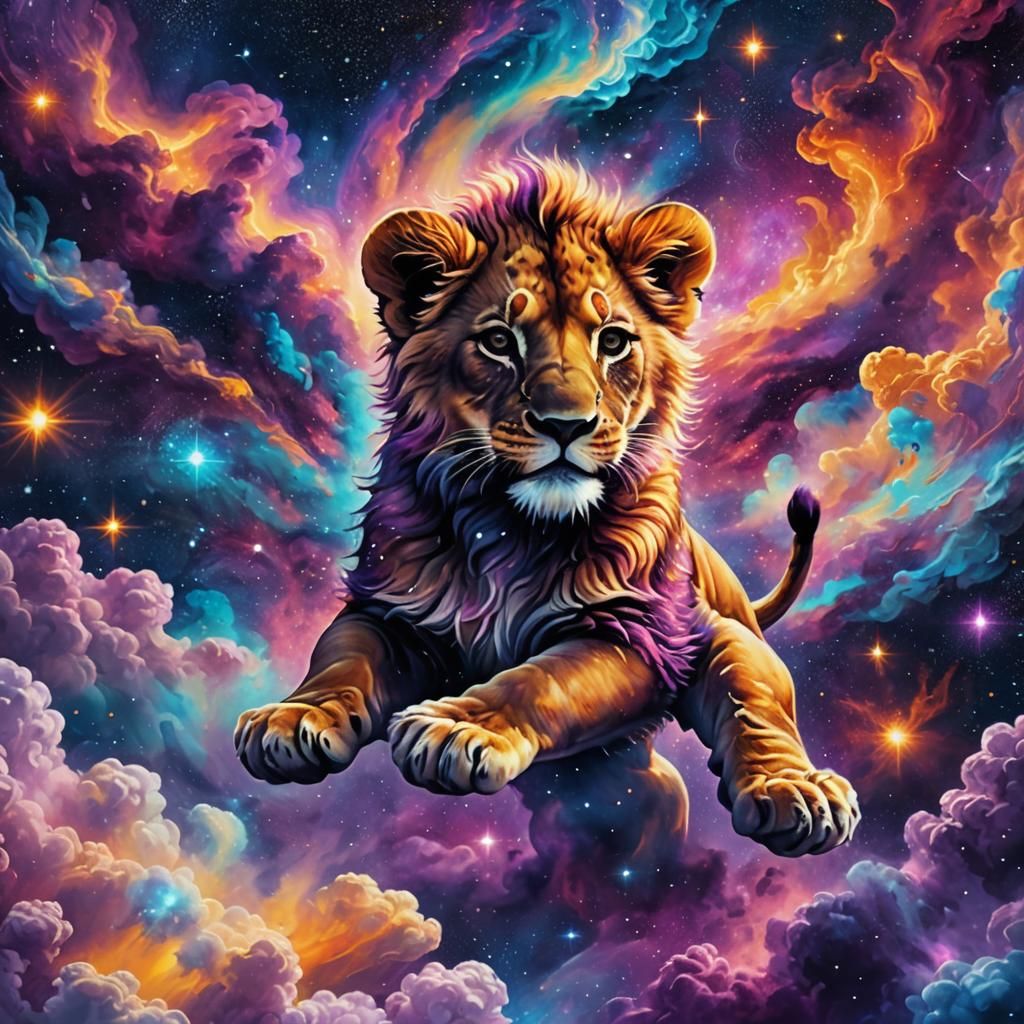 Lion Cub-zero Gravity - Lion Cub in a Vibrant Cosmic Galaxy