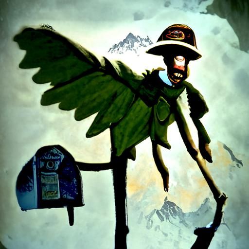 winged zombie mailman on a mountain at sunrise storybook illustration ...